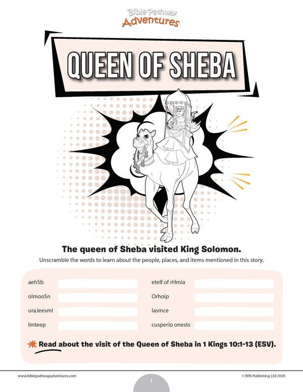Queen of Sheba word scramble – Bible Pathway Adventures